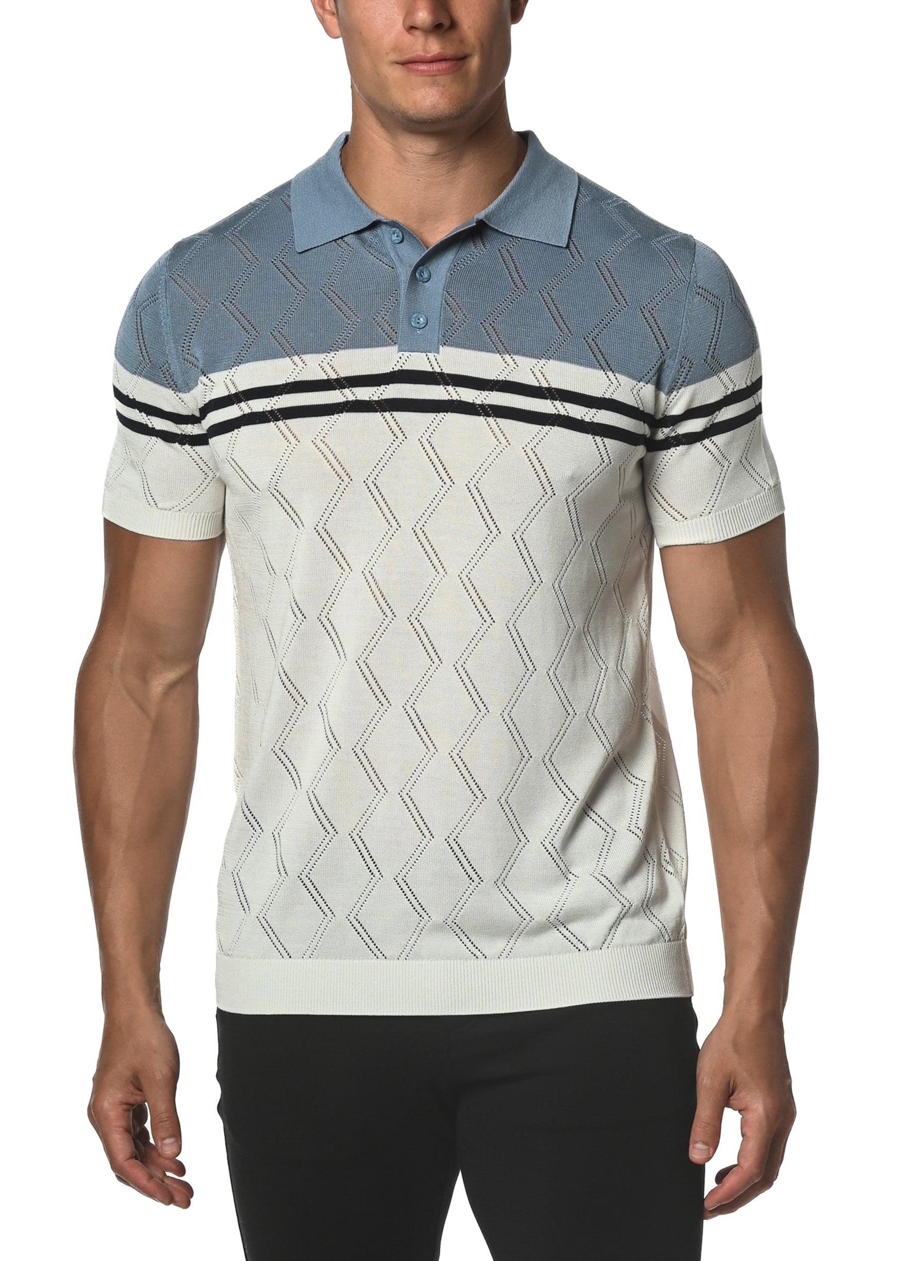 Slate/Navy Silk/Tencel Zigzag Stripes Knit 3-Button Polo