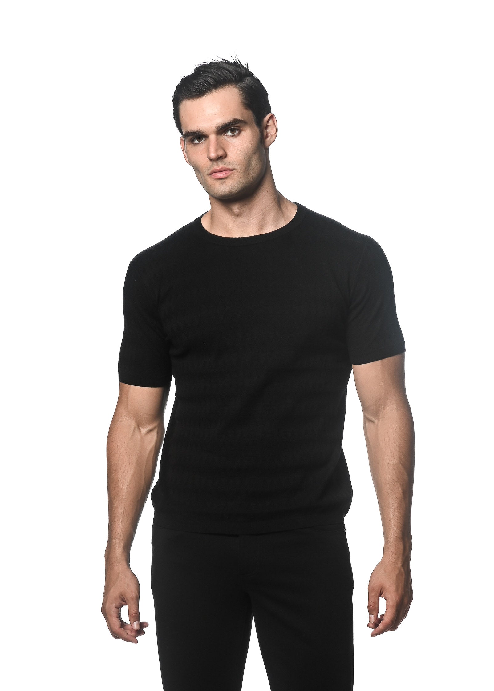 BLACK COTTON TEXTURED CREW KNITTED TEE PM-16251